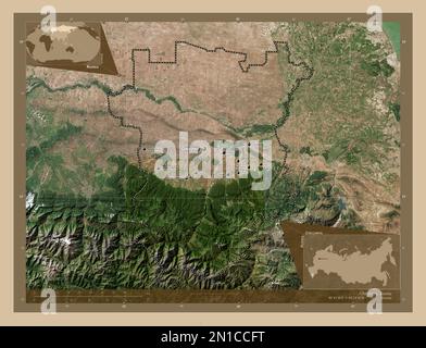 Chechnya, republic of Russia. Low resolution satellite map. Locations ...