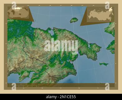 Chukot, autonomous province of Russia. Colored elevation map with lakes ...