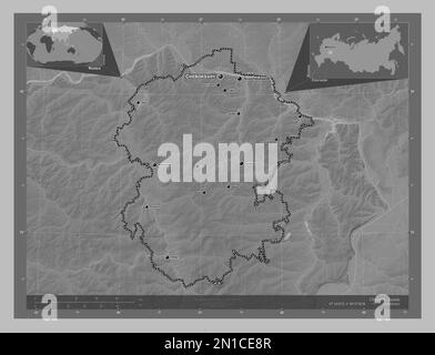 Chuvash, republic of Russia. Grayscale elevation map with lakes and ...