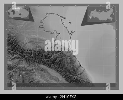 Dagestan, republic of Russia. Grayscale elevation map with lakes and ...