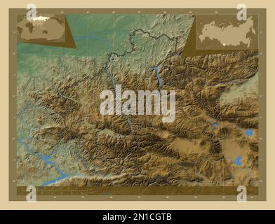 Gorno-Altay, republic of Russia. Colored elevation map with lakes and ...
