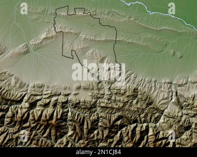Ingush, republic of Russia. Colored elevation map with lakes and rivers ...