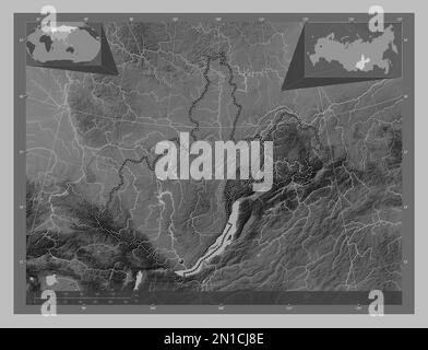 Irkutsk, region of Russia. Grayscale elevation map with lakes and ...