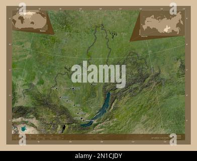 Irkutsk, region of Russia. Low resolution satellite map. Locations of ...