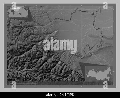 Kabardin-Balkar, republic of Russia. Grayscale elevation map with lakes ...