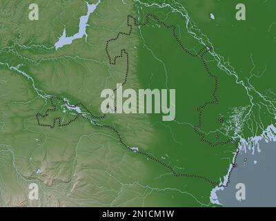 Kalmyk, republic of Russia. Colored elevation map with lakes and rivers ...