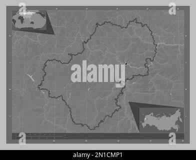 Kaluga, region of Russia. Grayscale elevation map with lakes and rivers ...