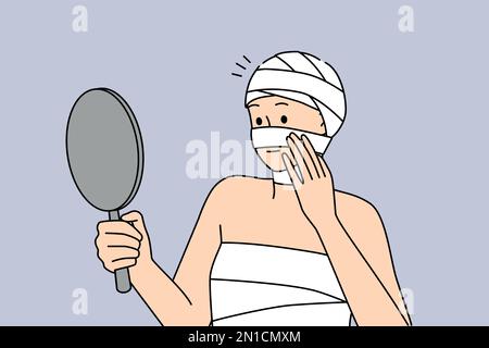 Woman in bandages on head and body look in mirror care about operation ...