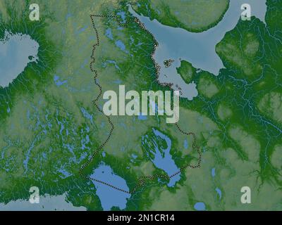 Karelia, republic of Russia. Colored elevation map with lakes and ...