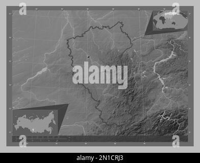 Kemerovo, region of Russia. Grayscale elevation map with lakes and rivers Stock Photo - Alamy