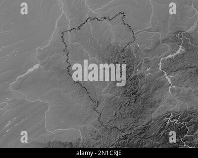 Kemerovo, region of Russia. Grayscale elevation map with lakes and rivers. Corner auxiliary ...