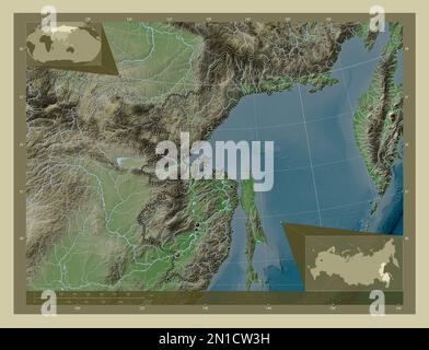Khabarovsk, territory of Russia. Colored elevation map with lakes and ...