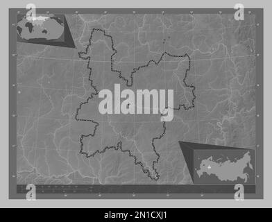 Kirov, region of Russia. Grayscale elevation map with lakes and rivers ...