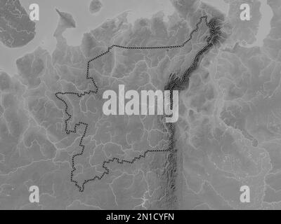 Komi, republic of Russia. Grayscale elevation map with lakes and rivers ...