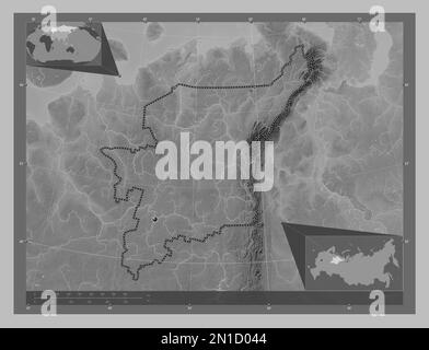Komi, republic of Russia. Grayscale elevation map with lakes and rivers ...