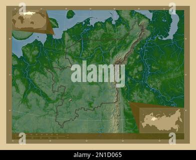 Komi, republic of Russia. Colored elevation map with lakes and rivers ...