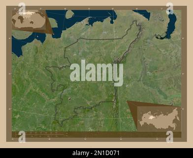 Komi, republic of Russia. Low resolution satellite map. Locations and ...