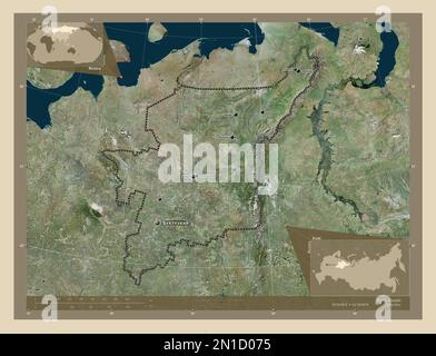 Komi, republic of Russia. High resolution satellite map. Locations of ...