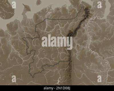Komi, republic of Russia. Colored elevation map with lakes and rivers ...
