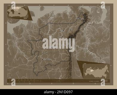 Komi, republic of Russia. Colored elevation map with lakes and rivers ...