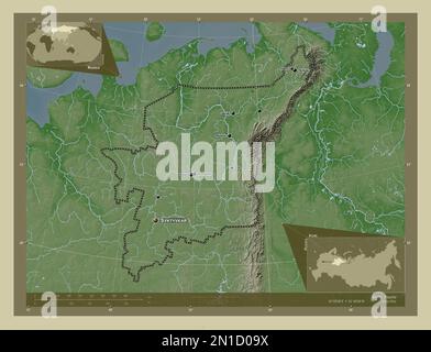 Komi, republic of Russia. Colored elevation map with lakes and rivers ...