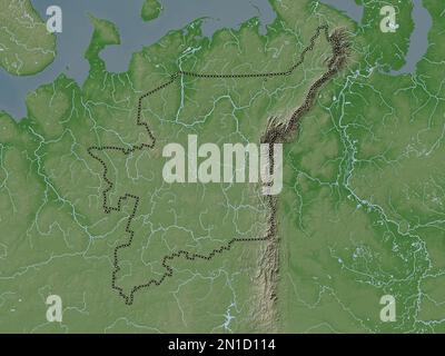 Komi, republic of Russia. Colored elevation map with lakes and rivers ...