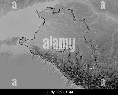 Krasnodar, territory of Russia. Grayscale elevation map with lakes and ...