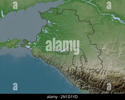 Krasnodar, territory of Russia. Colored elevation map with lakes and ...