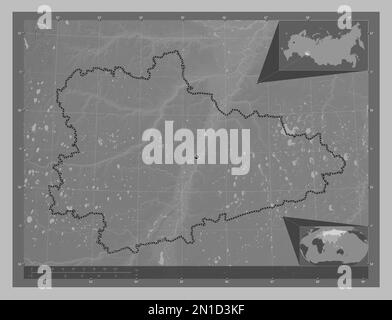 Kurgan, region of Russia. Grayscale elevation map with lakes and rivers ...