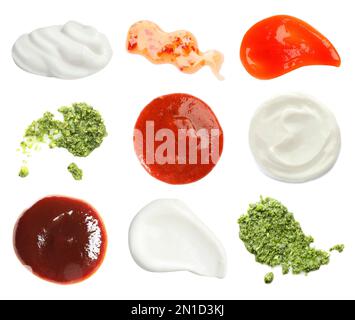 Set with samples of different sauces on white background Stock Photo ...