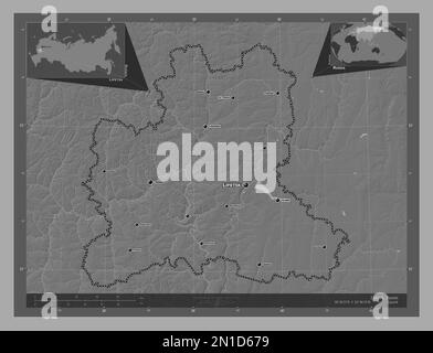 Lipetsk, region of Russia. Bilevel elevation map with lakes and rivers ...