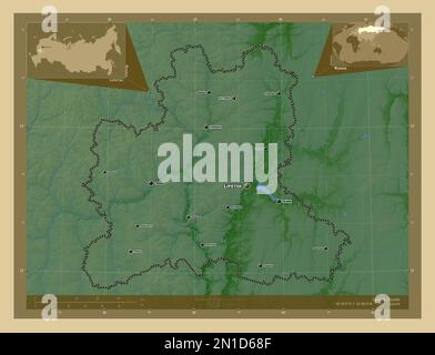 Lipetsk, region of Russia. Colored elevation map with lakes and rivers ...