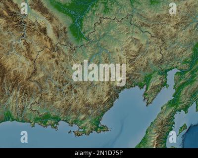 Maga Buryatdan, region of Russia. Colored elevation map with lakes and ...