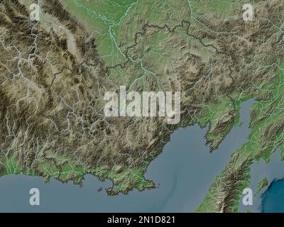 Maga Buryatdan, region of Russia. Colored elevation map with lakes and ...
