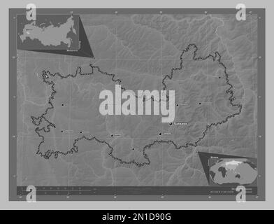 Mordovia, republic of Russia. Grayscale elevation map with lakes and ...