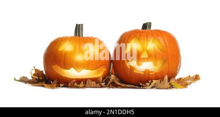 Cute pumpkin jack o'lanterns and autumn leaves on white background ...