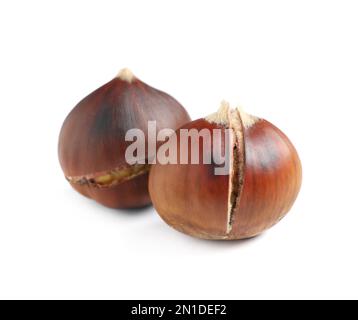 Delicious sweet roasted edible chestnuts isolated on white Stock Photo ...