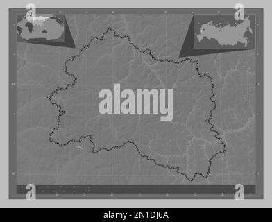 Orel, region of Russia. Grayscale elevation map with lakes and rivers ...