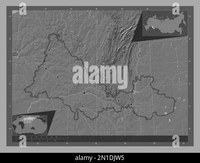 Orenburg, region of Russia. Bilevel elevation map with lakes and rivers ...