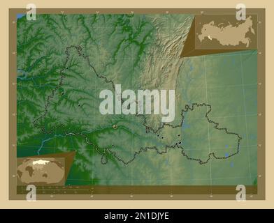 Orenburg, region of Russia. Colored elevation map with lakes and rivers ...