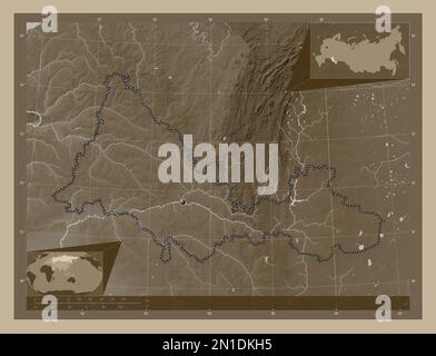 Orenburg, region of Russia. Colored elevation map with lakes and rivers ...