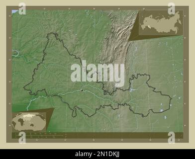 Orenburg, region of Russia. Colored elevation map with lakes and rivers ...