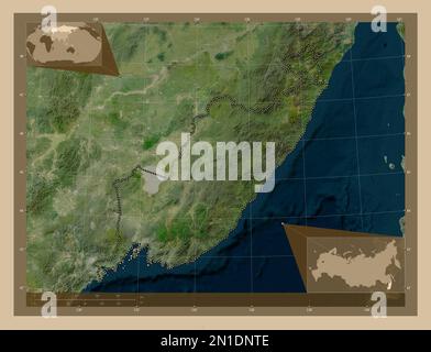 Primor'ye, territory of Russia. Low resolution satellite map. Locations ...