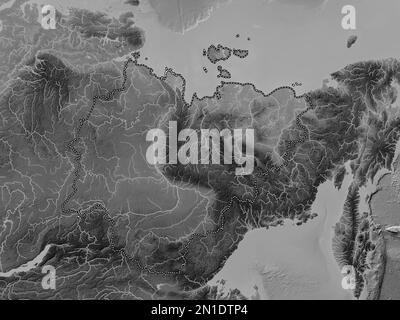 Sakha, republic of Russia. Grayscale elevation map with lakes and ...