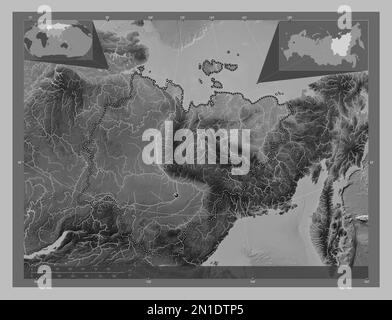 Sakha, republic of Russia. Grayscale elevation map with lakes and ...