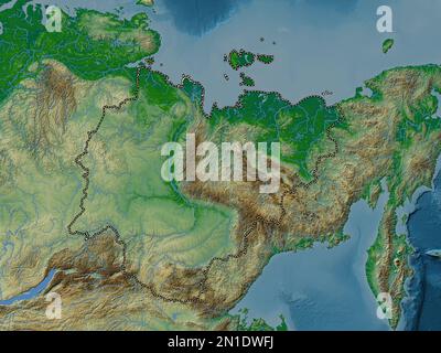 Sakha, republic of Russia. Colored elevation map with lakes and rivers ...
