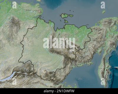 Sakha, republic of Russia. Colored elevation map with lakes and rivers ...