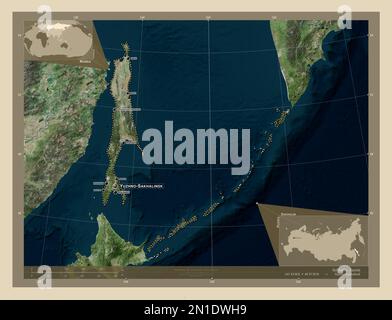 Sakhalin, region of Russia. High resolution satellite map. Locations of ...