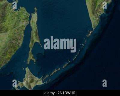 Sakhalin, region of Russia. Low resolution satellite map. Locations and ...