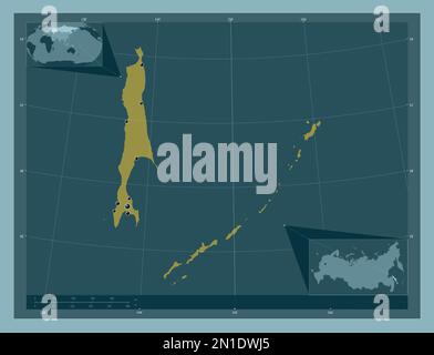 Shape of Sakhalin, region of Russia, and its capital. Distance scale ...